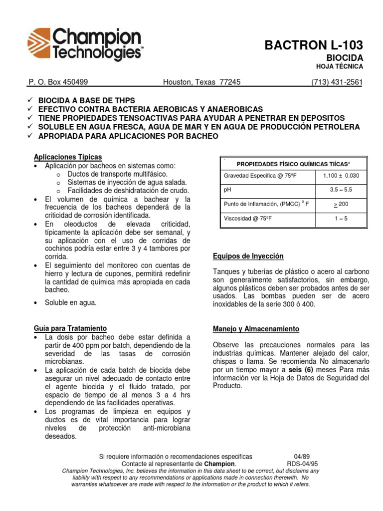 TDS Bactron L-103 | PDF | Agua | Sustancias químicas
