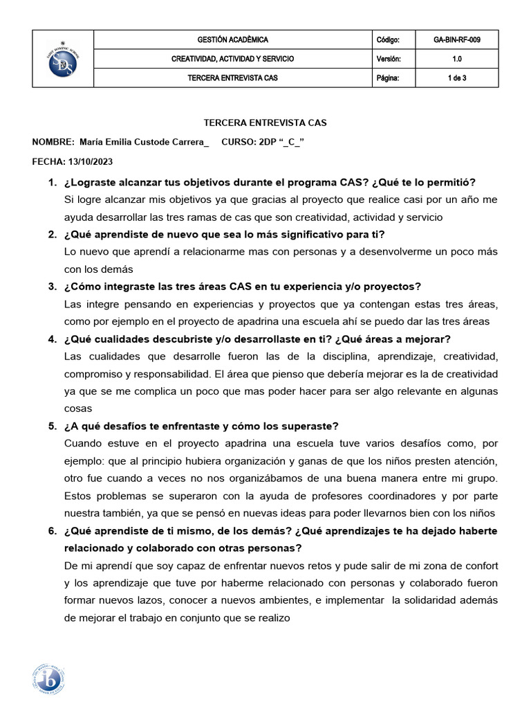 Tercera Entrevista CAS - 009 | PDF | Creatividad | Aprendizaje