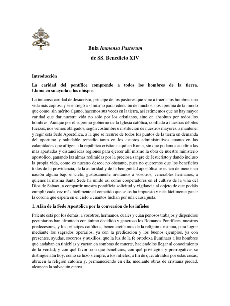 Bula 'Immensa Pastorum' (SS. Benedicto XIV. 1741) PDF | PDF | Iglesia ...