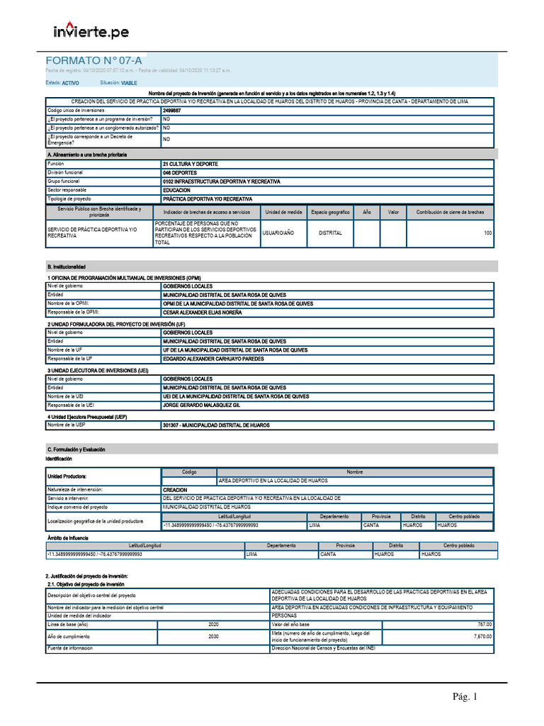 Modelo de Ficha de Proyecto.05 | PDF | Infraestructura | Tasa interna de retorno