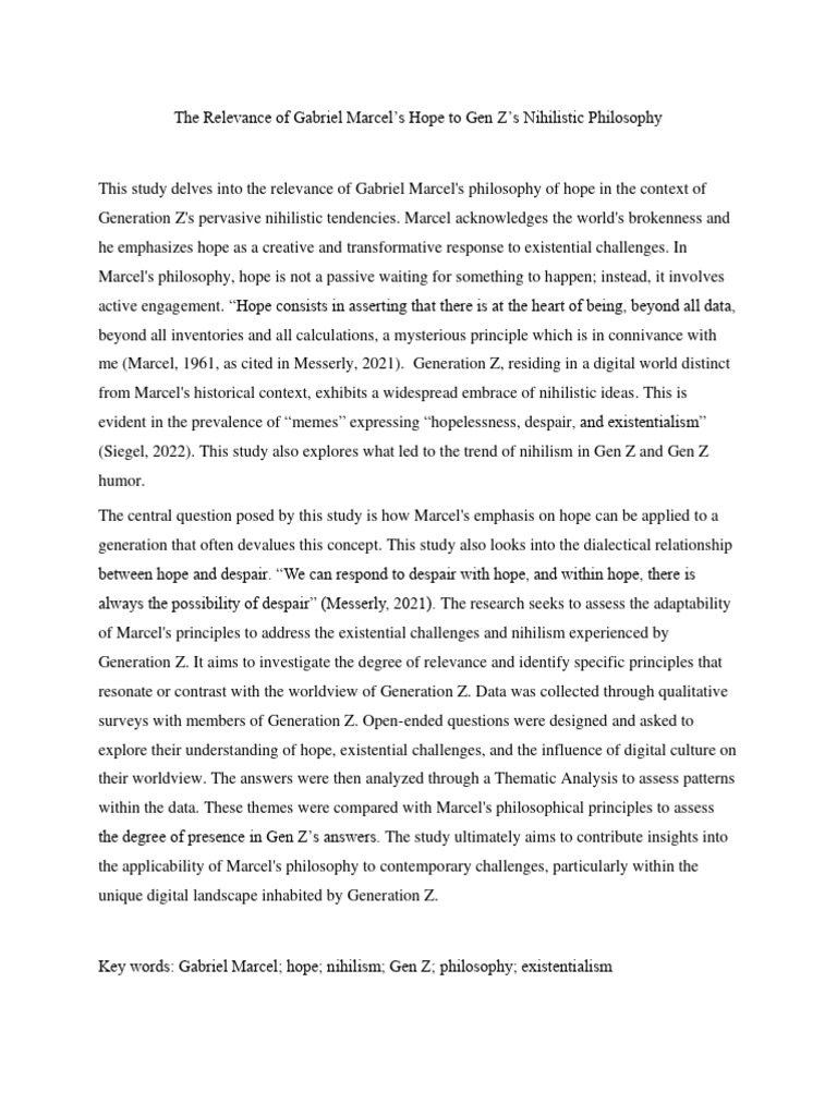 Gabriel Marcel's Hope and Its Relevance To Gen Z's Nihilism | PDF ...