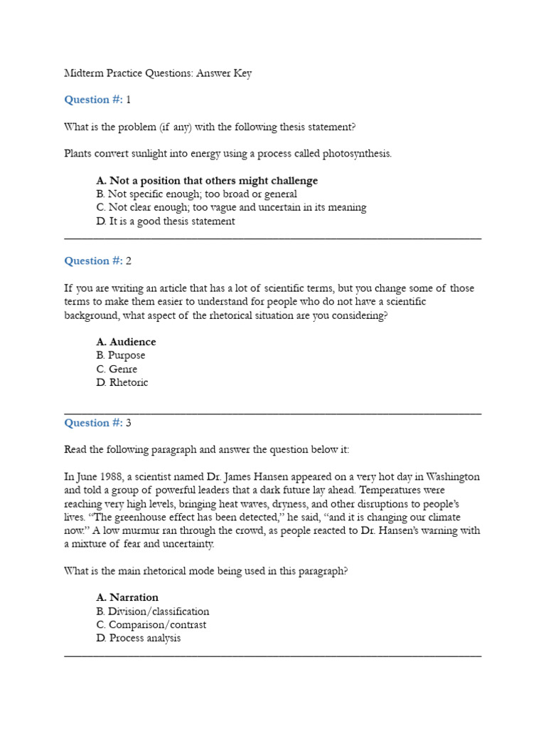 Midterm Practice Questions Answer Key | PDF | Climate Change | Greenhouse Gas