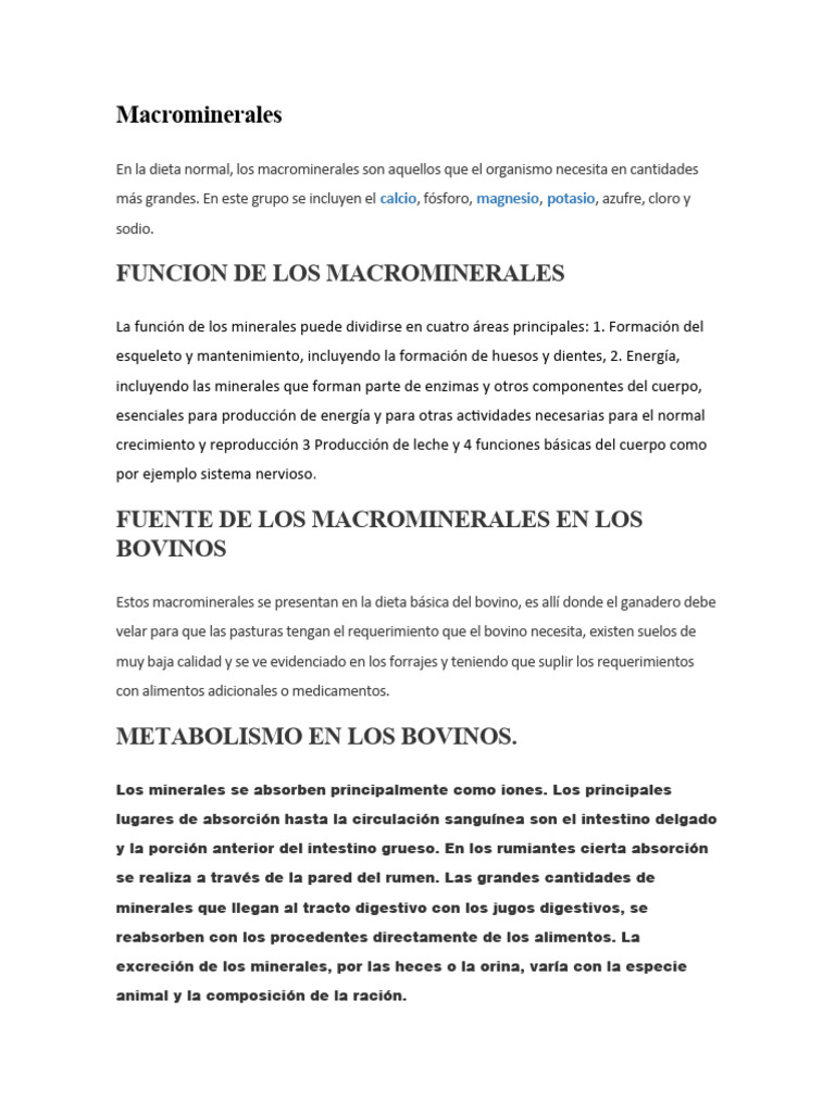 Funciones y fuentes de macrominerales | PDF | Calcio | Digestión