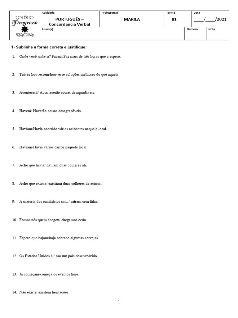 Fc1ccce1 55e2 495a Bd60 A3232a64e1f1concordância Verbal - Lista Extra | PDF