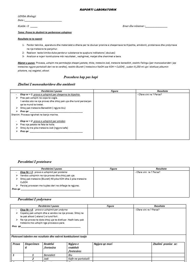 RAPORTI LABORATORIK Biologji 10 Prova e Zbulimit Te Perberesve Ushqimor | PDF