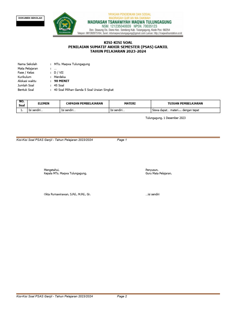 Format Kisi-Kisi Soal PAS Ganjil MTs | PDF