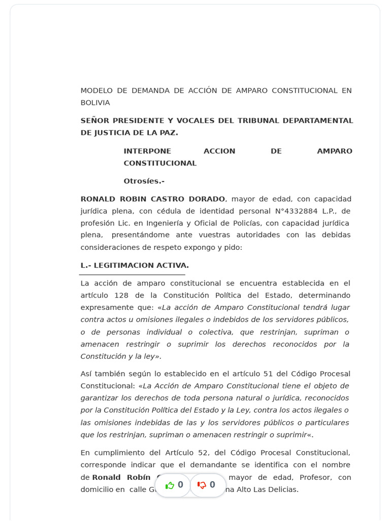 Modelo De Accion De Amparo Constitucional Compress Pdf Debido Al