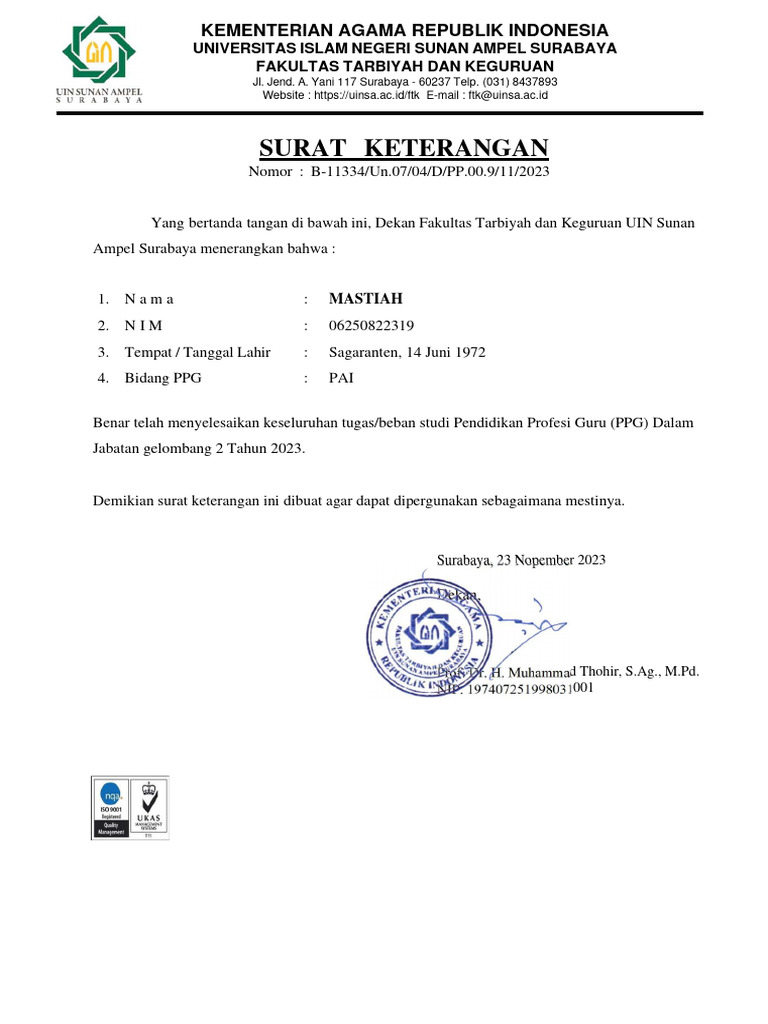 Surat Keterangan PPG Mastiah 2023 | PDF