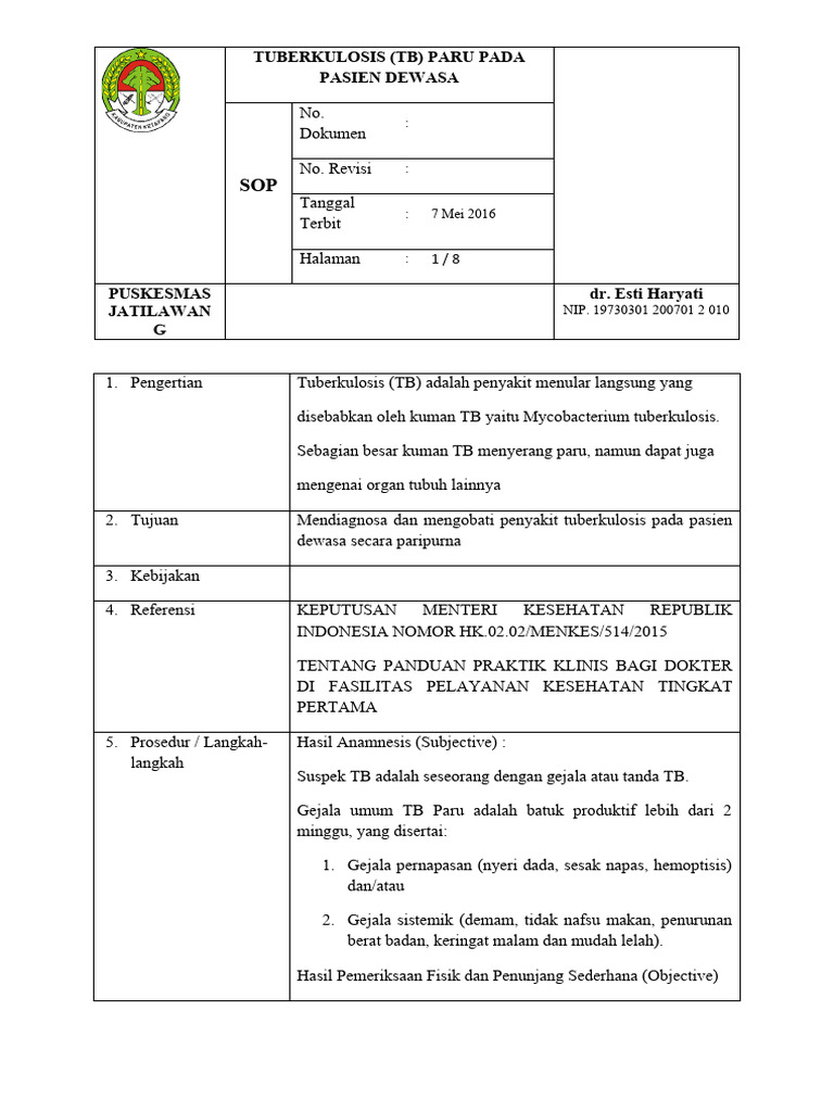 SOP Tuberculosis (TB) Paru Pasien Dewasa | PDF | Pengembangan Diri | Kesehatan Holistik