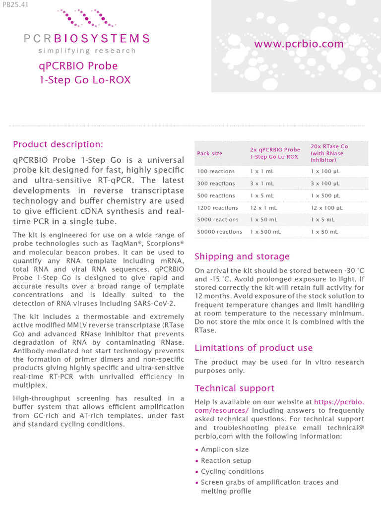 PB25.41 qPCRBIO Probe 1 Step Go Lo ROX v1.8 | PDF | Polymerase Chain Reaction | Real Time ...
