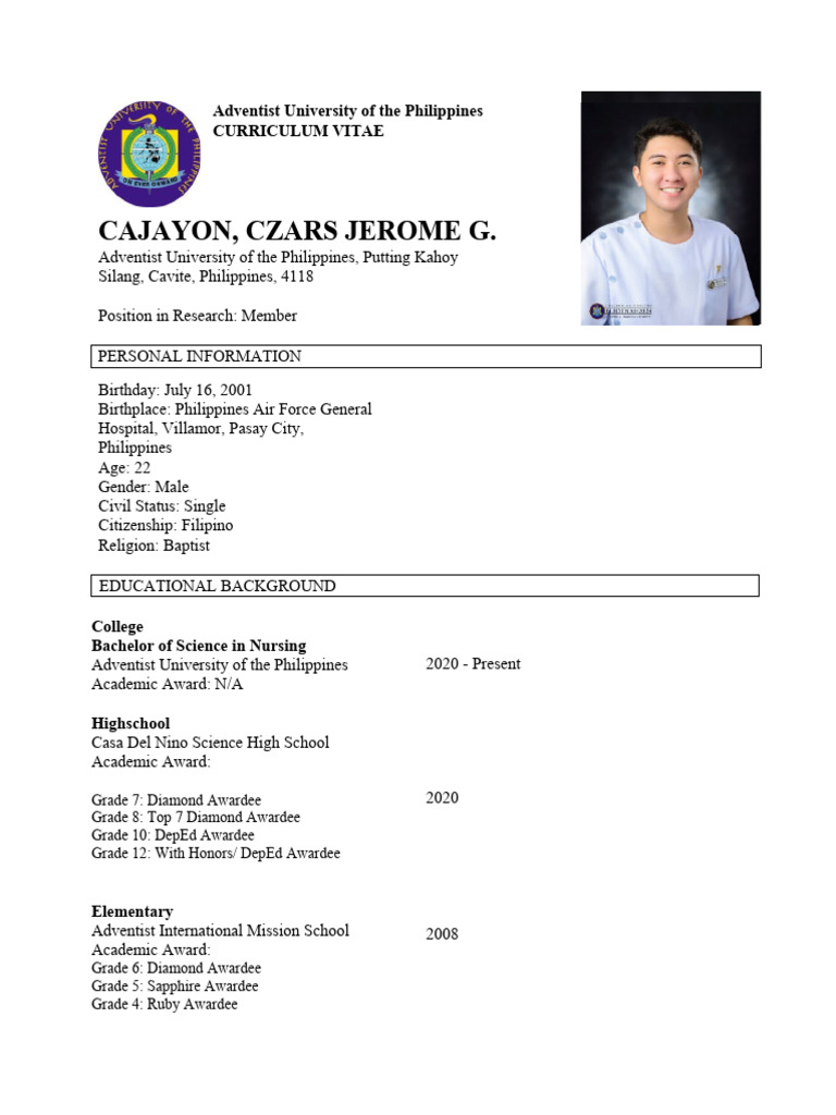 Czar Jerome Cajayon's CV Summary | PDF