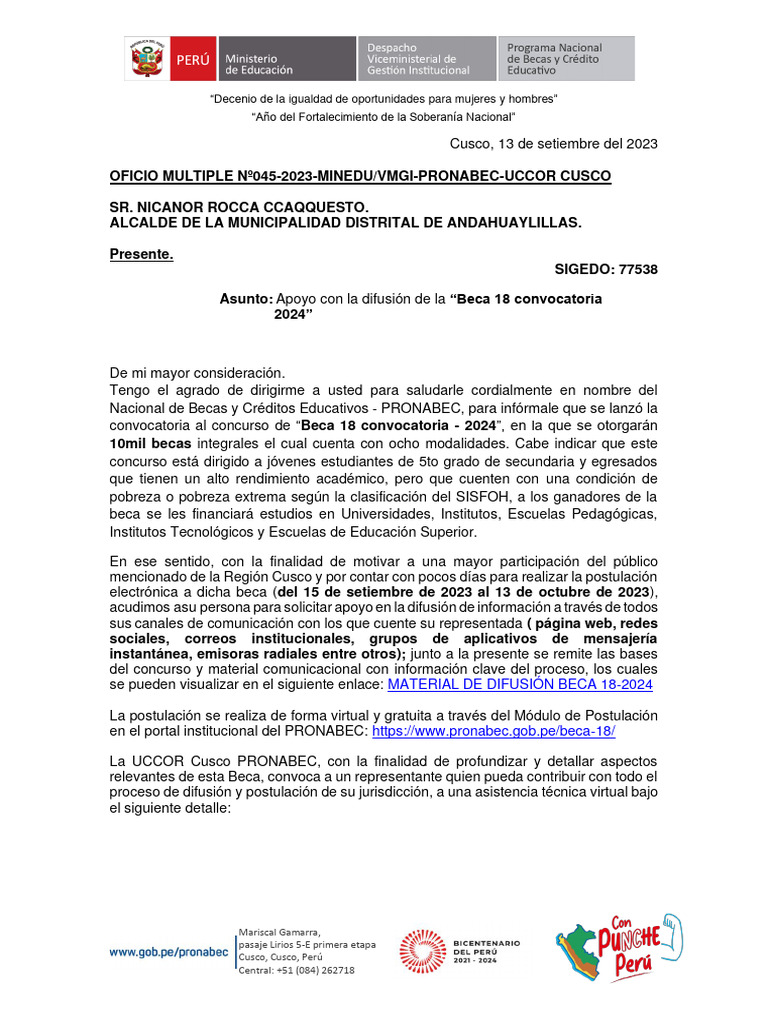 Oficio Multiple #045-2023-Uccor Cusco | PDF