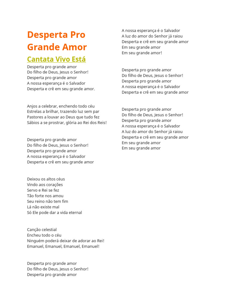 Desperta Pro Grande Amor Letra | PDF