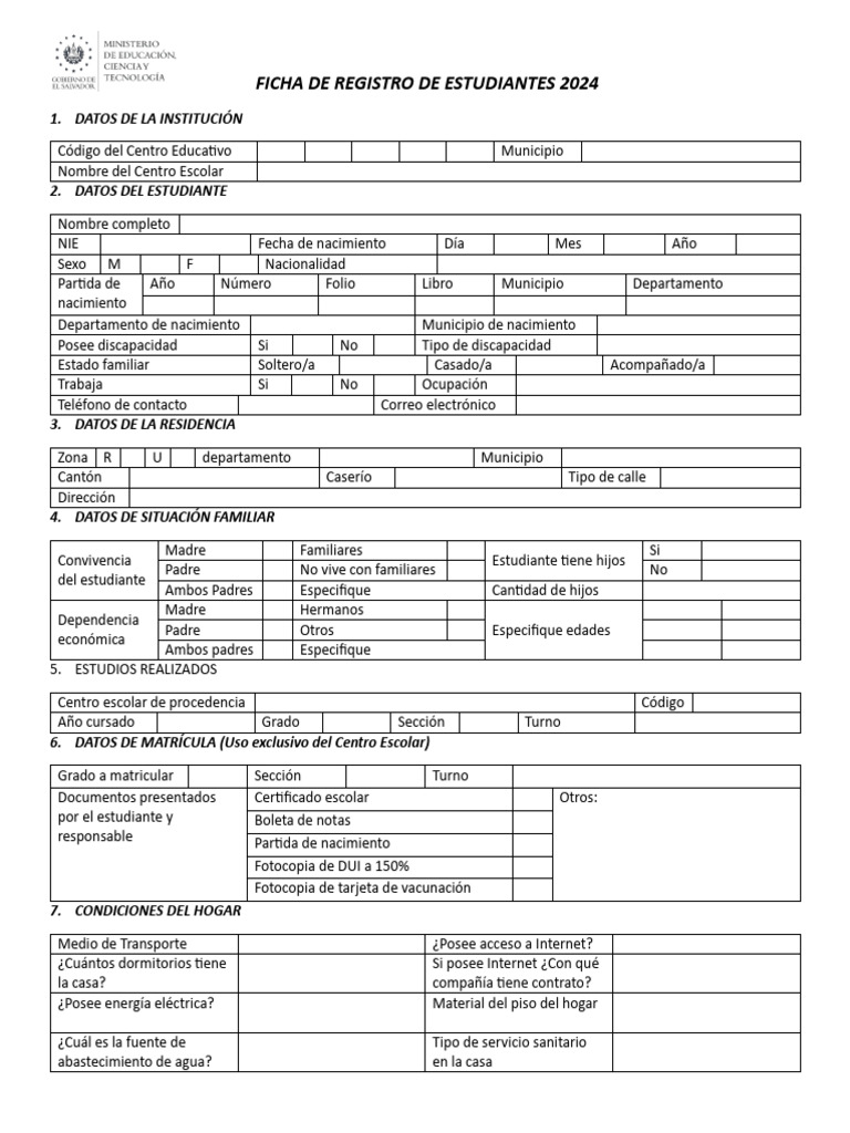 Ficha de Registro de Estudiantes 2024 | PDF