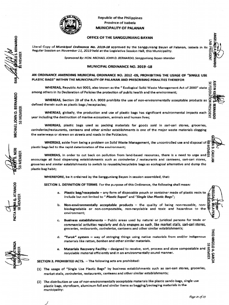 Municipal Ordinance No. 2019 18 Prohibiting Usage of Single Use Plastic ...