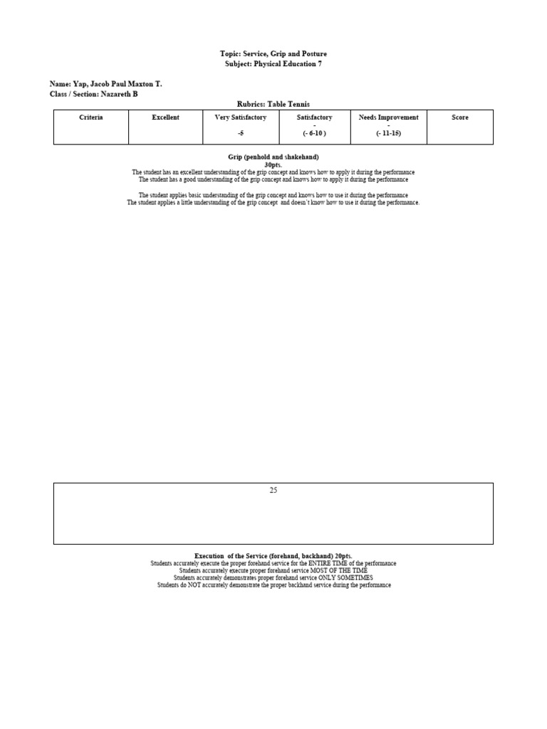 Table Tennis Rubric g7 1st PT | PDF | Athletic Sports | Ball Games