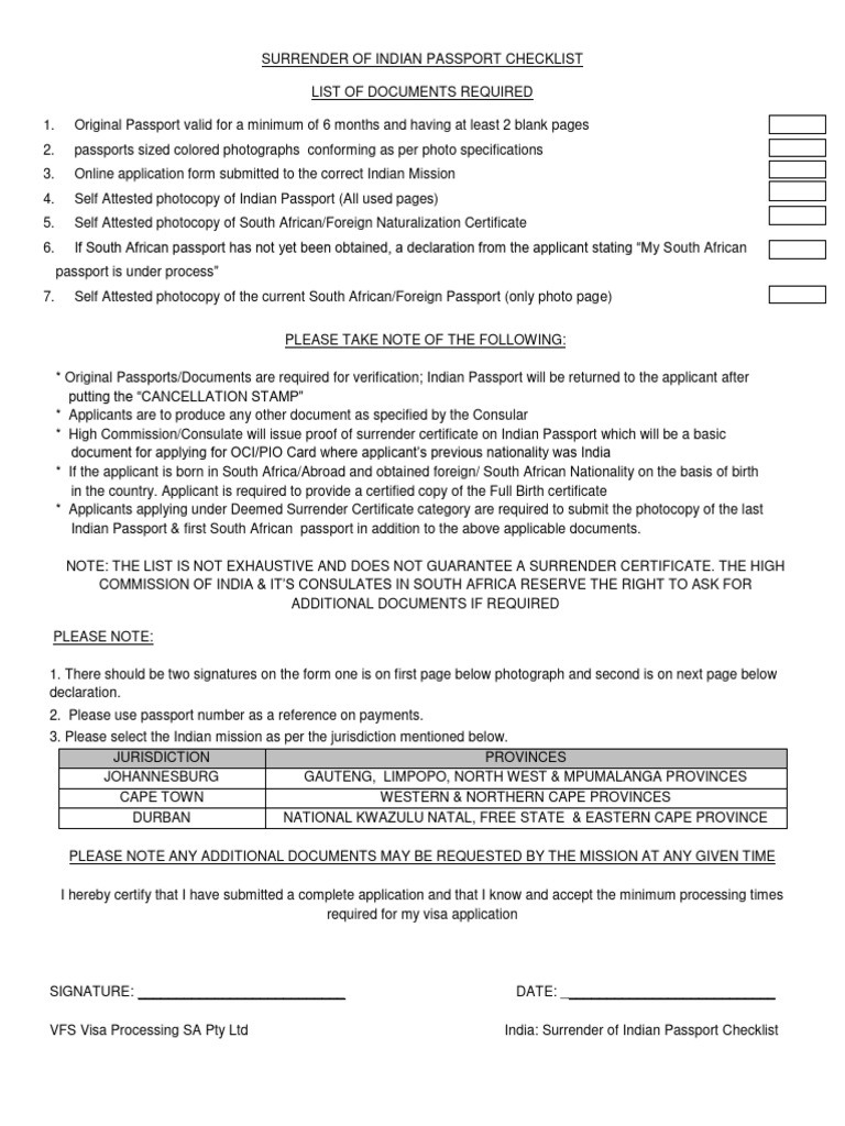 Surrender Checklist | PDF | Passport | International Law