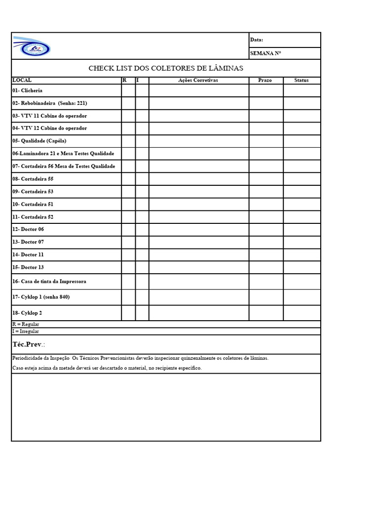 01_Check List Coletor Lâminas | PDF