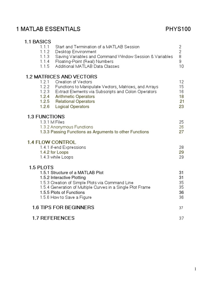 1 Matlab Essentials Phys100 | PDF | Matlab | Matrix (Mathematics)