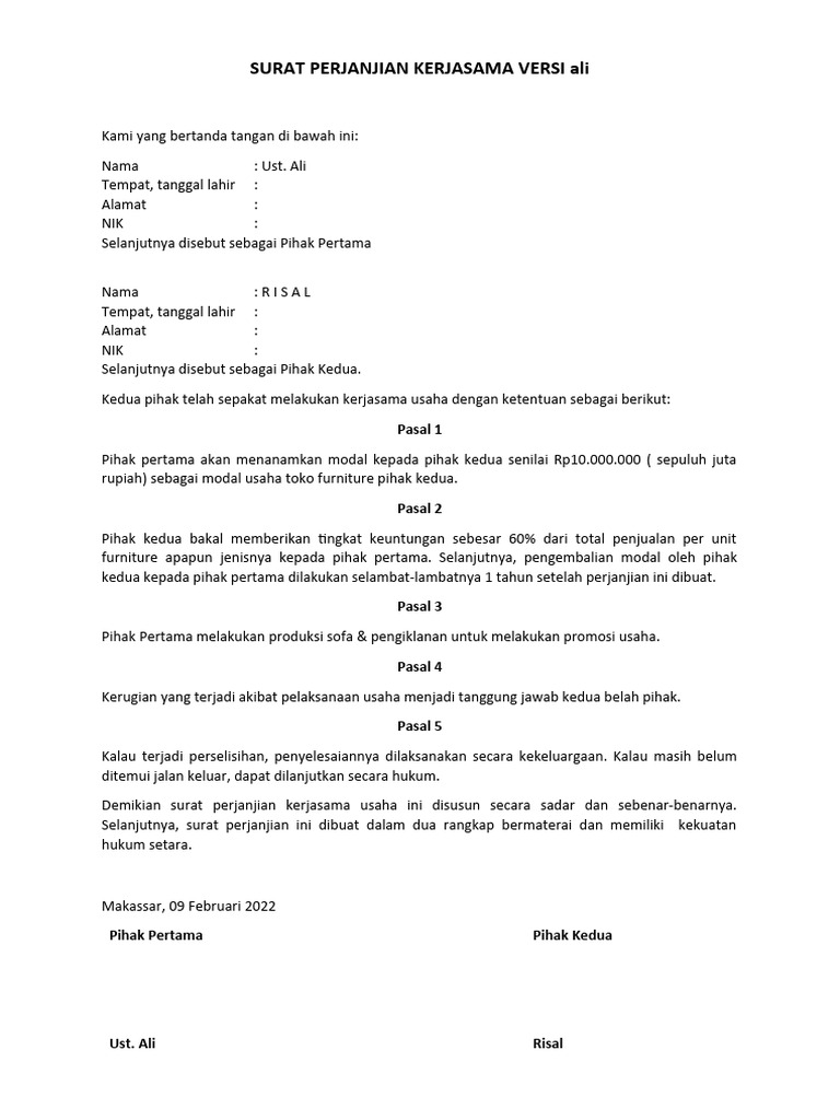 SURAT PERJANJIAN KERJASAMA Versi Ali | PDF