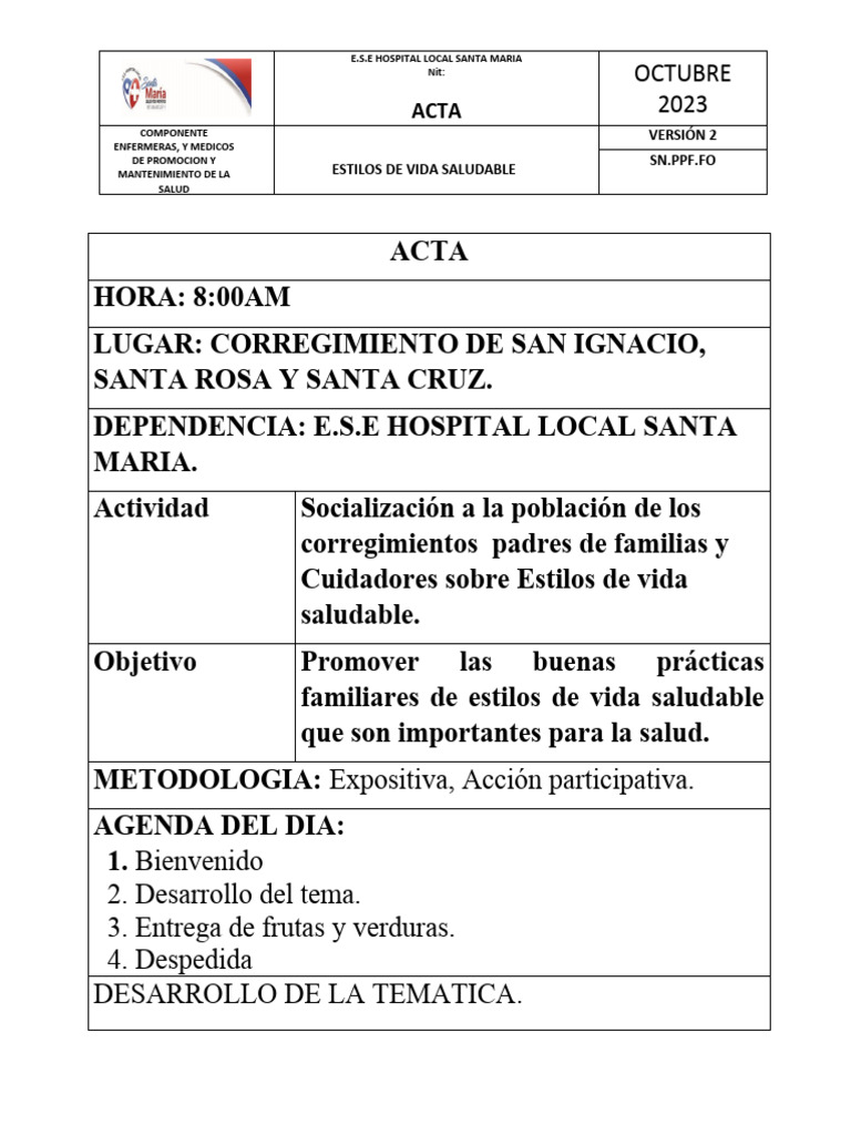 Acta Estilos de Vida Saludable | PDF | Nutrición | Dieta y nutrición Acta Estilos de Vida Saludable | PDF | Nutrición | Dieta y nutrición