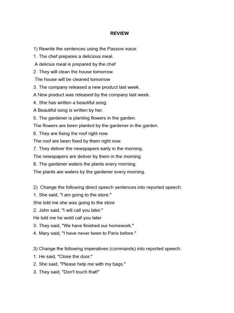 Review (Passive Voice and Reported Speech) | PDF