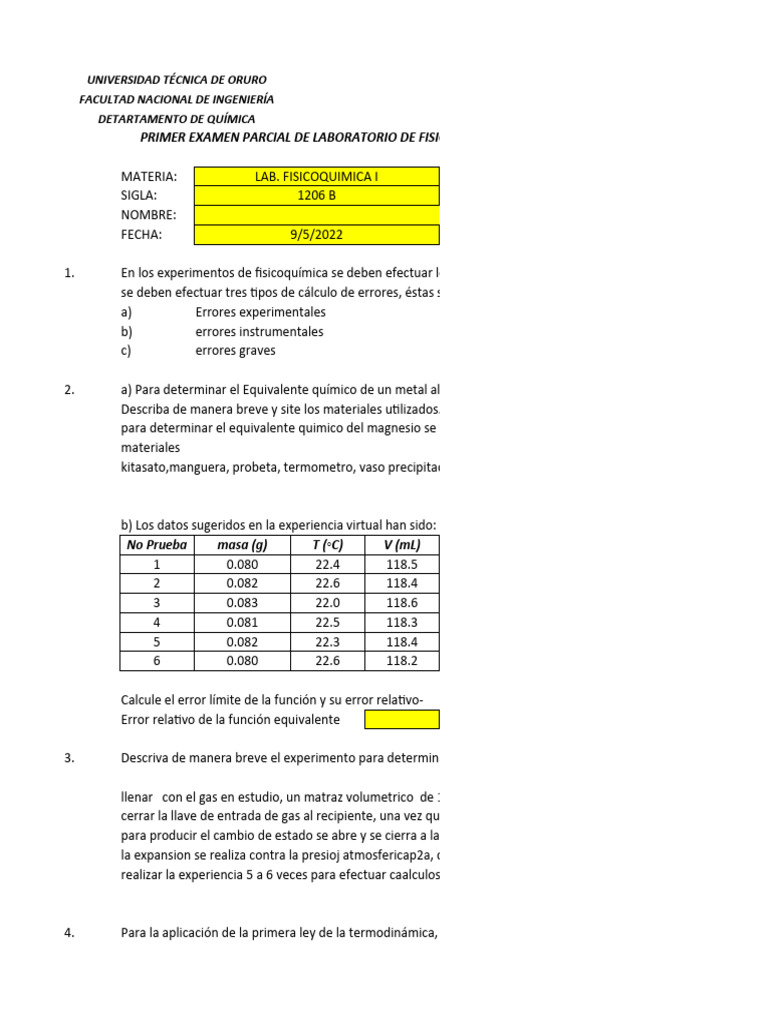 1 Exam Lab QMC 1206 B | PDF | Gases | Temperatura