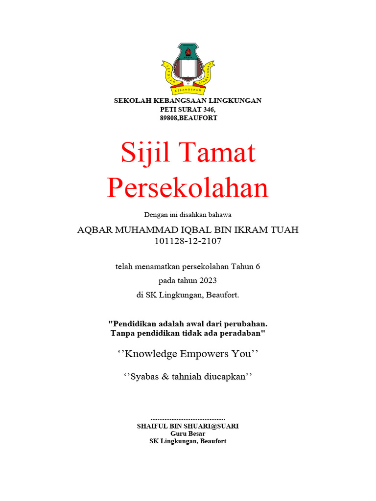 Sijil Tamat Persekolahan 2023 | PDF