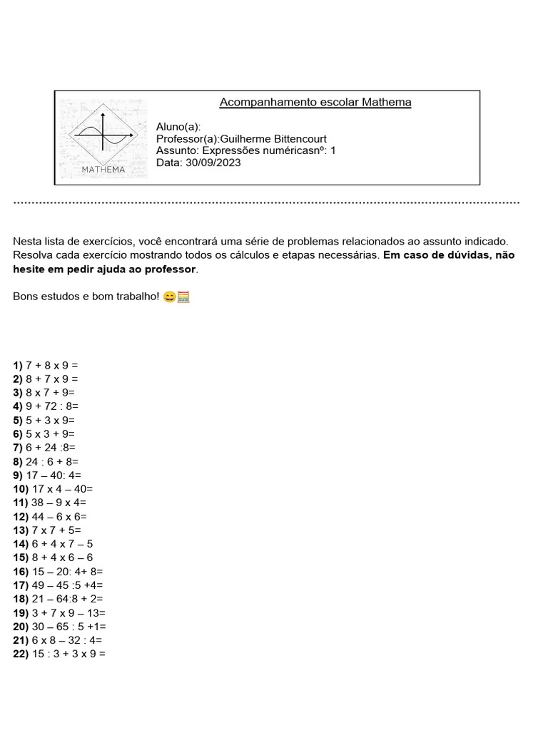 Expressões Numéricas | PDF | Métodos e Materiais de Ensino