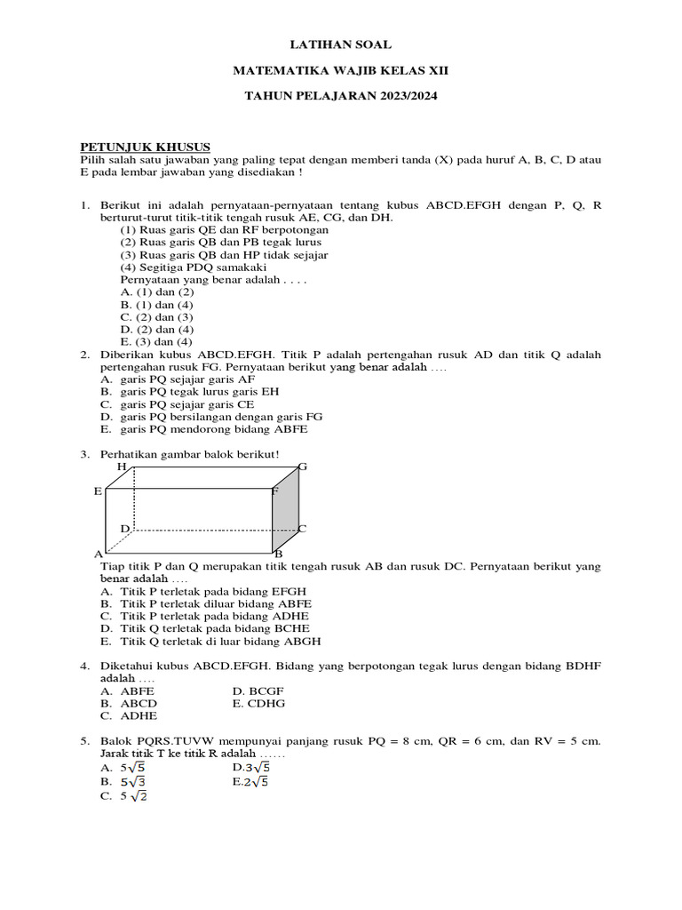 LATIHAN SOAL - MATEMATIKA WAJIB - XII - SMTR 1 - 2023-2024 | PDF
