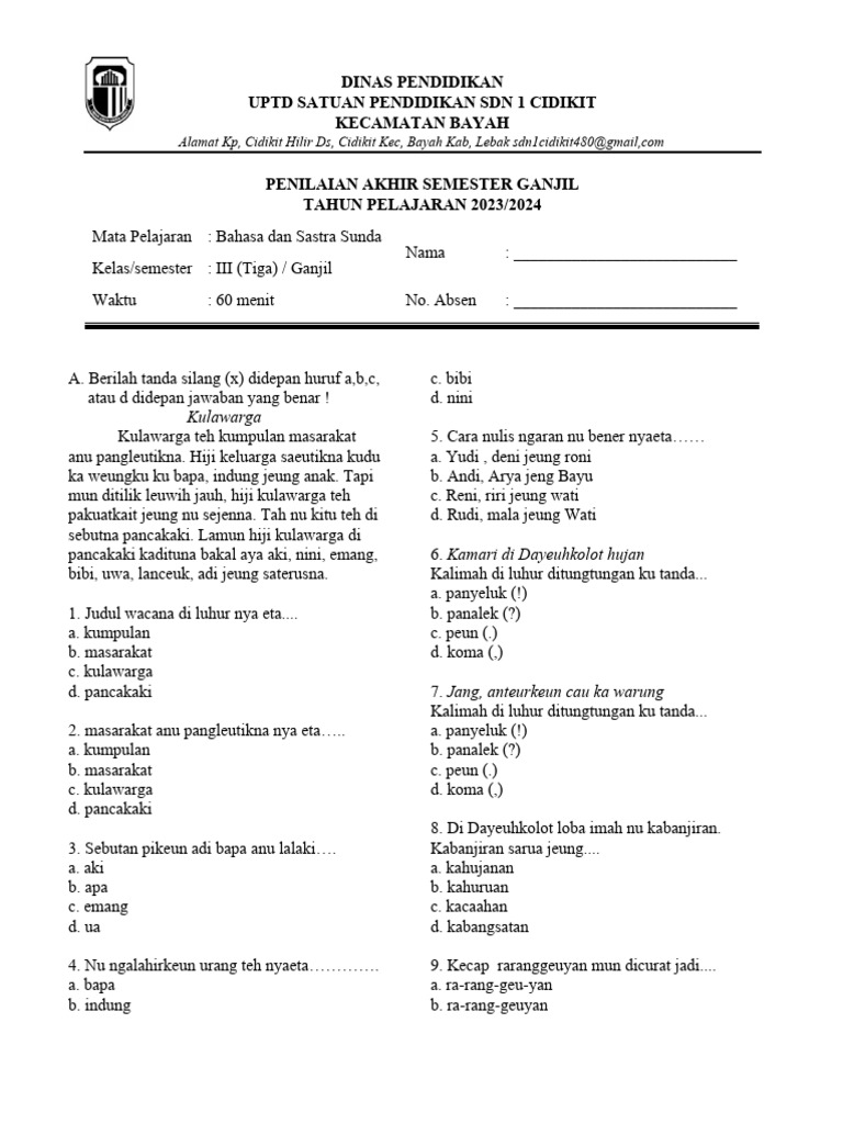 SOAL PAS Kls 3 BHS. SUNDA | PDF