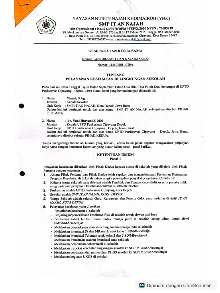 MOU Pelayanan Kesehatan Lingkungan Sekolah (Puskes Cipayung) | PDF