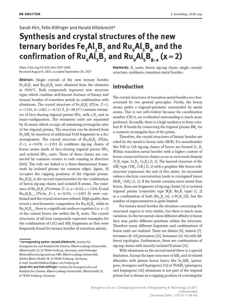 Synthesis and Crystal Structures of The New Ternary Borides Fe Al B and Ru Al B and The ...