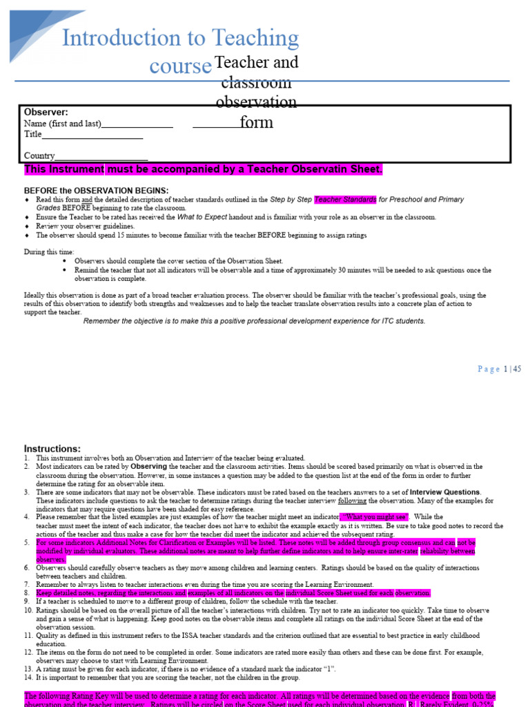 Teacher Observation Score Sheet RP | PDF | Teachers | Learning