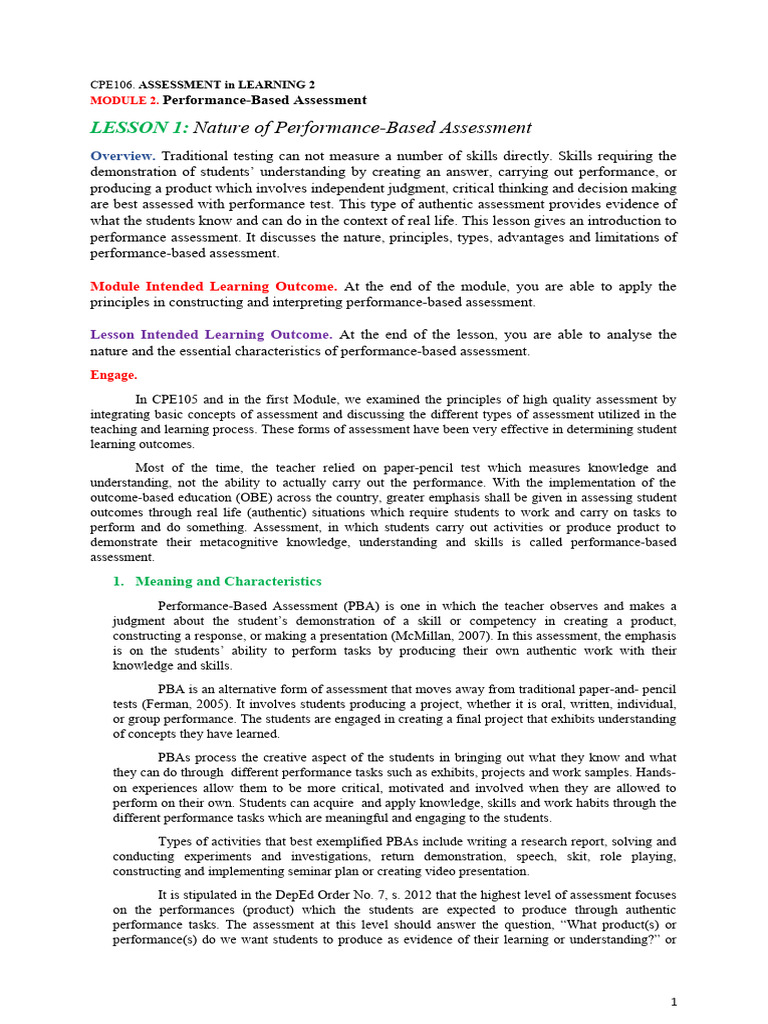 CPE106. Module 2. Lesson 1. Nature of Performance-Based Assessment | PDF | Educational ...