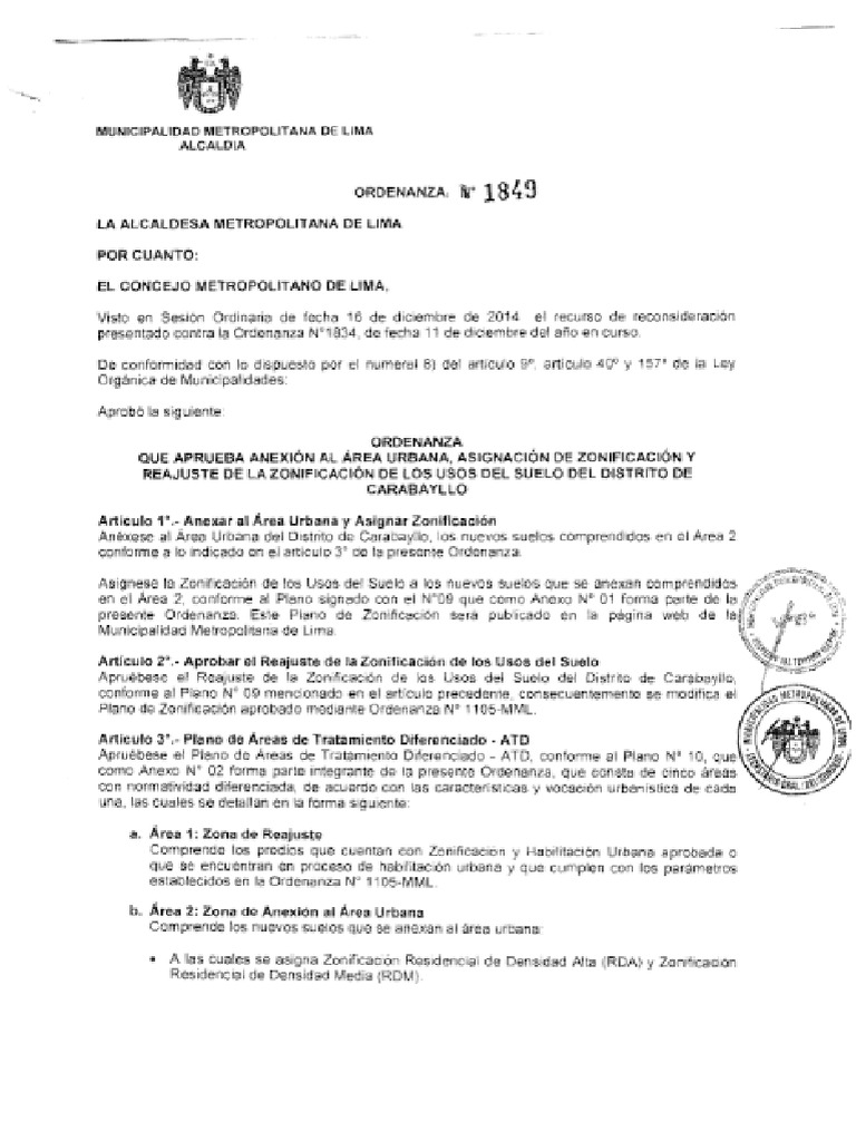 Ordenanza #1849 - Municipalidad Metropolitana de Lima | PDF
