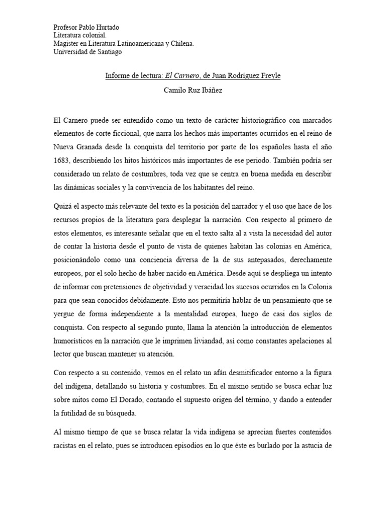 Informe De Lectura El Carnero J De Juan Rodr guez Freyle PDF Narraci n