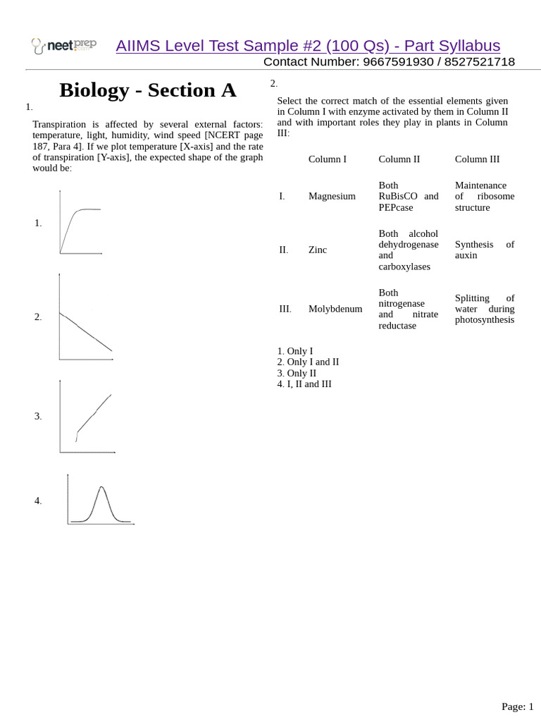 Biology - Section A: AIIMS Level Test Sample #2 (100 QS) - Part ...
