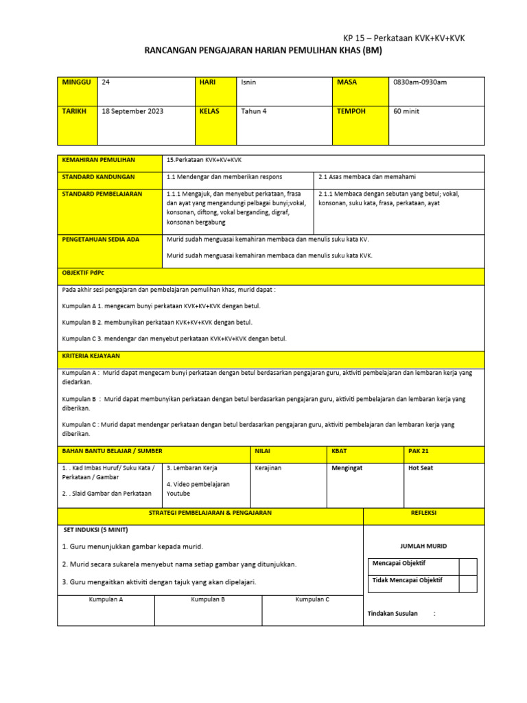 RPH Kemahiran Pemulihan 15 - Perkataan KVK-KV-KVK | PDF