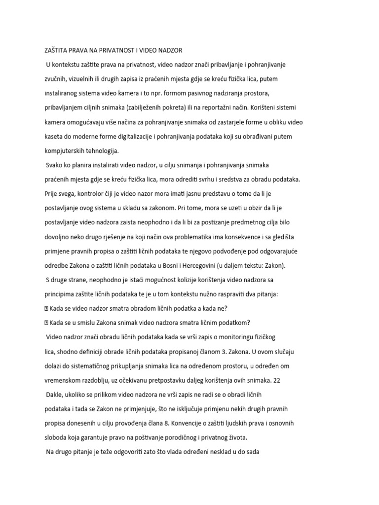 Zastita Prava Na Privatnost I Video Nadzor | PDF