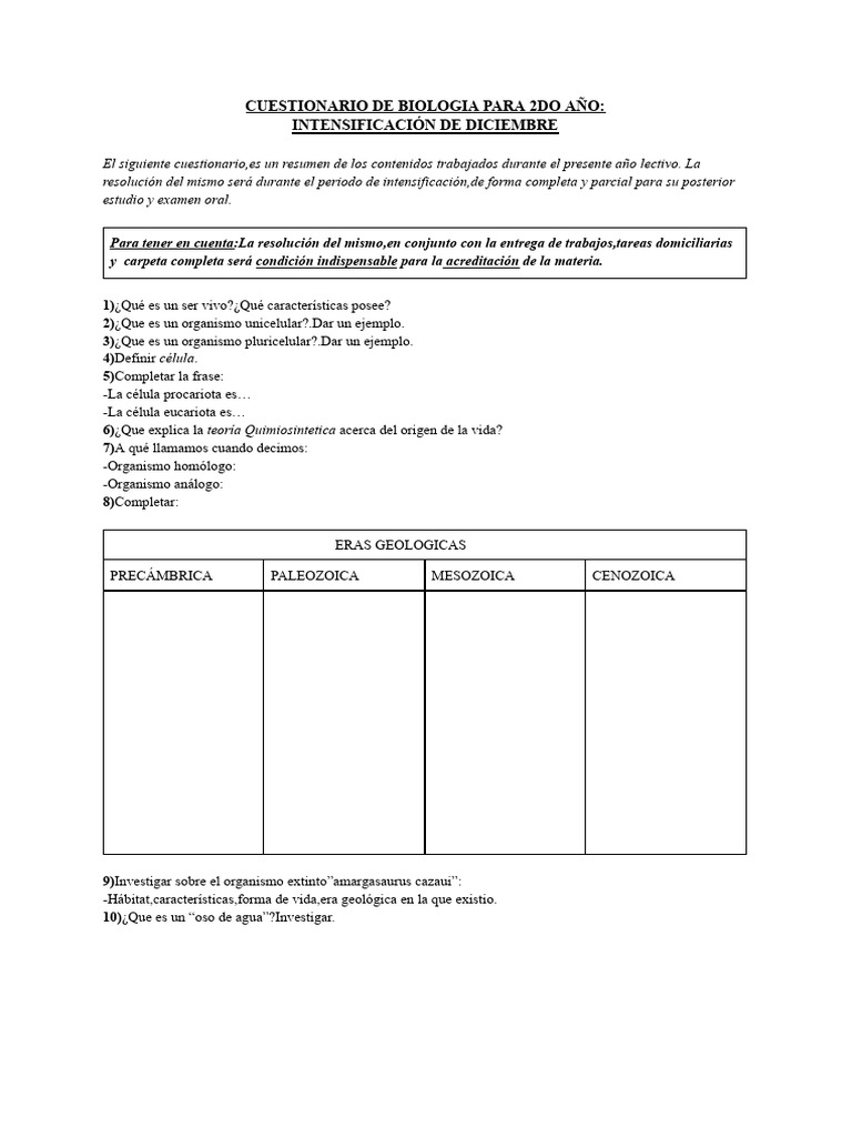 CUESTIONARIO DE BIOLOGIA PARA 2DO AÑO C ES 33 | PDF