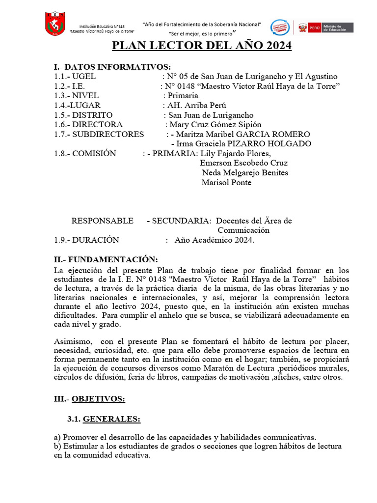 Plan Lector Del Año Escolar 2024 | PDF