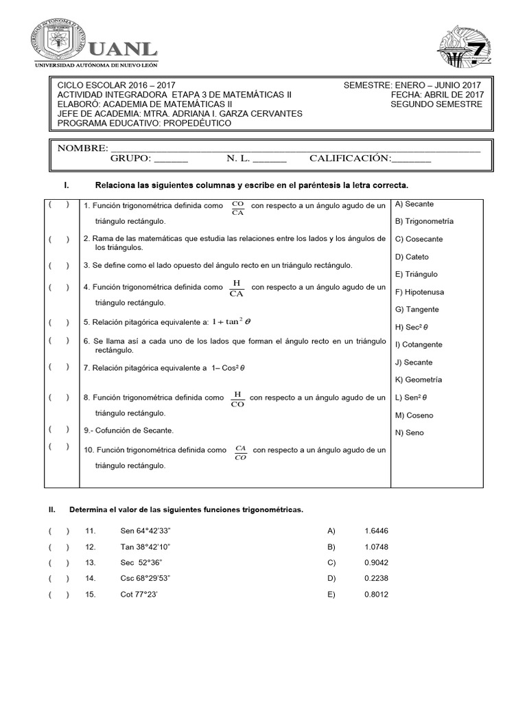 ACTIVIDAD INTEGRADORA ETAPA 3 - MATEMaTICAS II | PDF | Trigonometría | Funciones trigonométricas