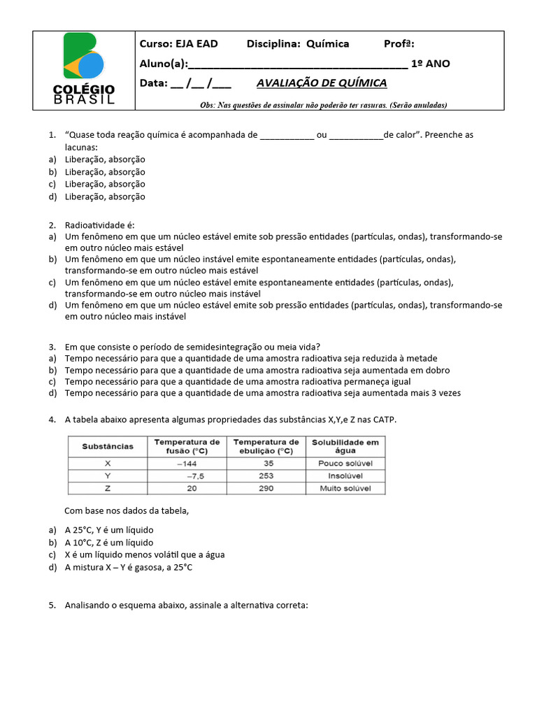 Avaliacao Quimica 1ano Pdf Natureza Materiais