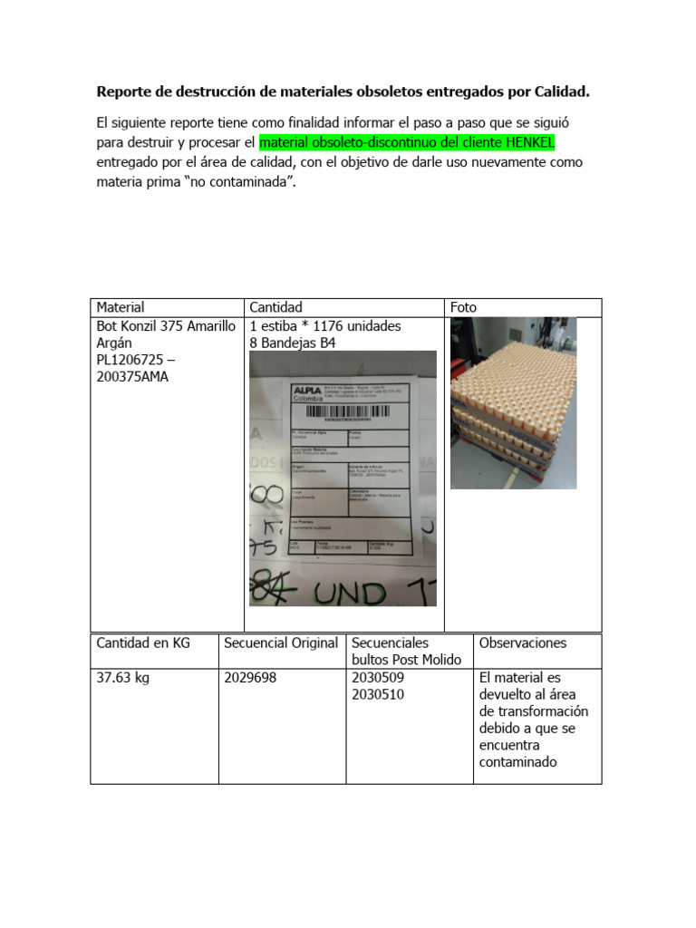 Reporte de Destrucción de Materiales Obsoletos Entregados Por Calidad | PDF | Cuestiones ...
