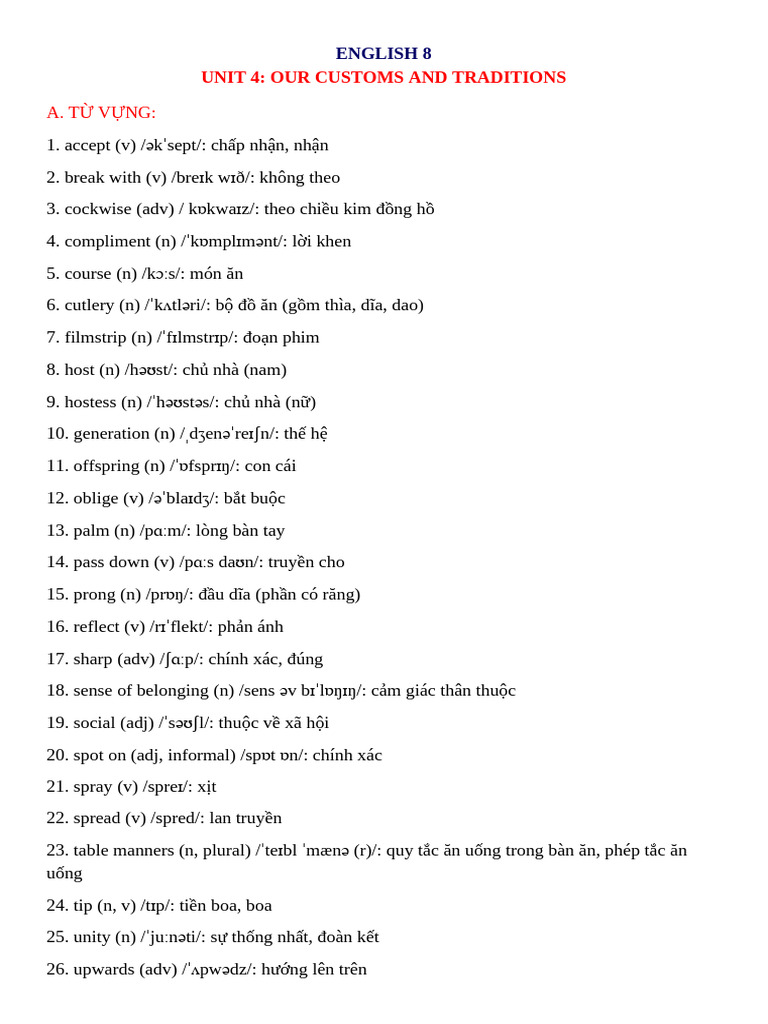 Bài tập Anh 8 theo unit E8 UNIT 4 | PDF