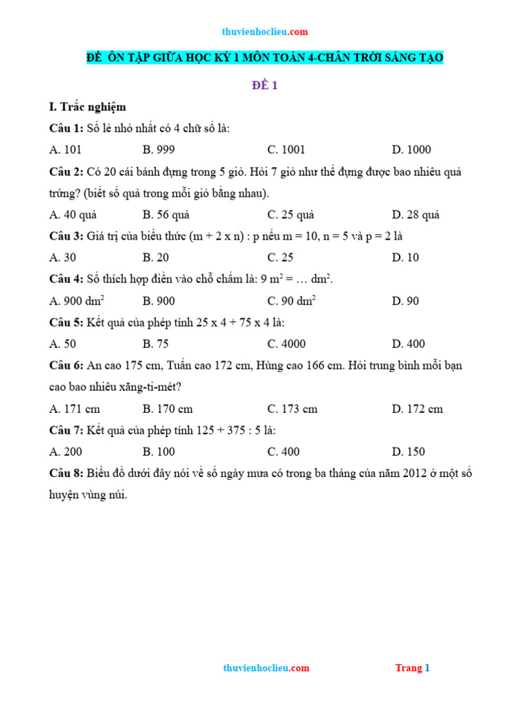 Bo de On Tap Giua HK1 Toan 4 CTST Co Dap An | PDF