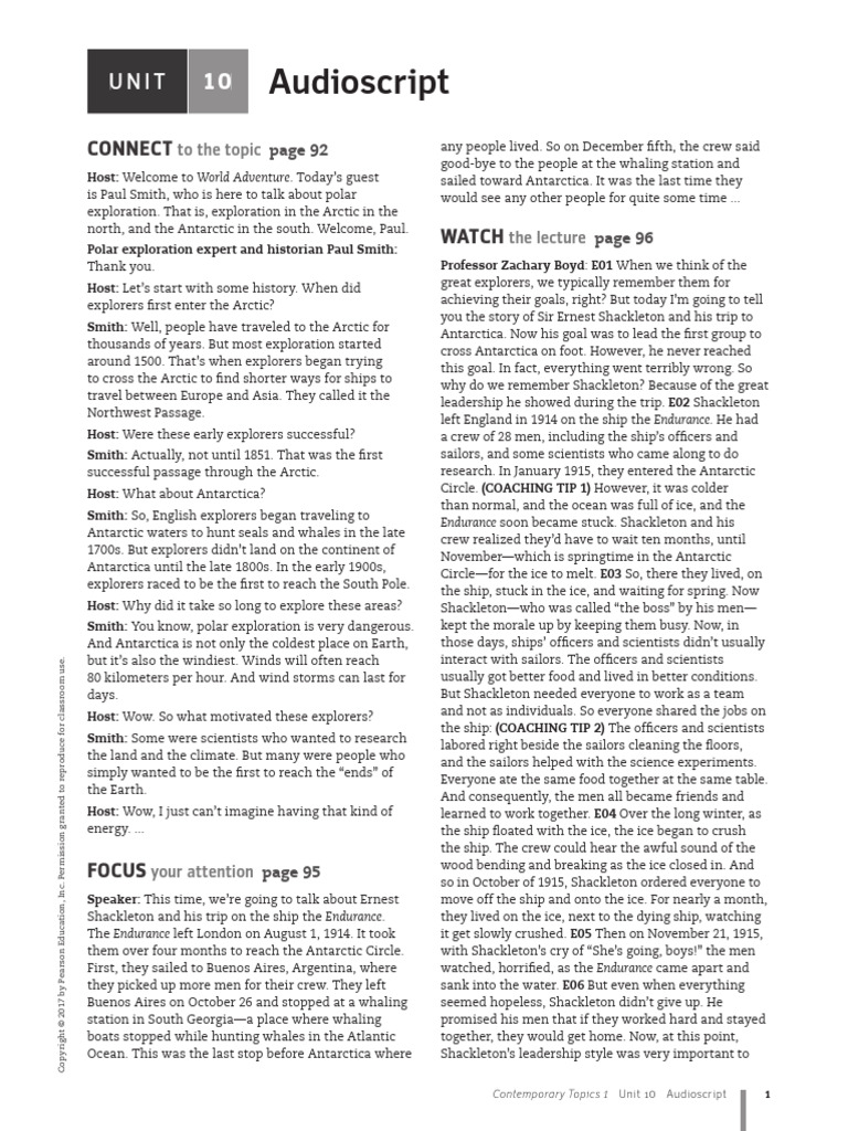 Unit 10 Audioscript | PDF | Antarctica | Ernest Shackleton