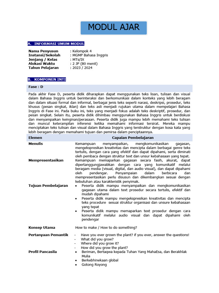 Modul Ajar Procedure Text | PDF | Karier & Perkembangan