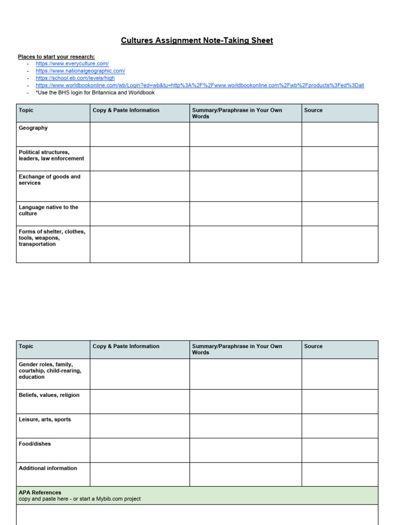 Cultures Note Taking Sheet | PDF